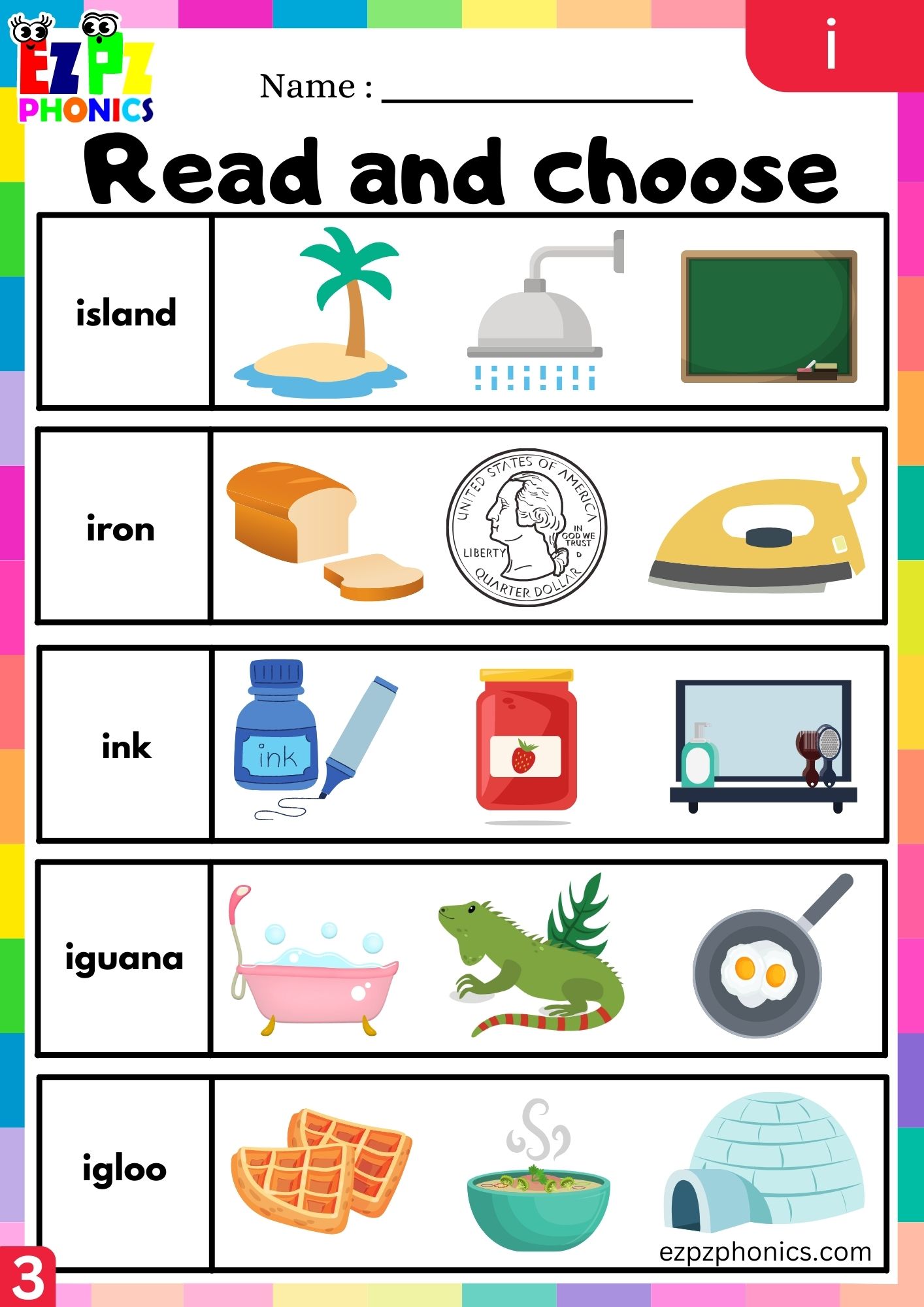 Letter i Read and Choose the Images Group 3 - ezpzphonics.com